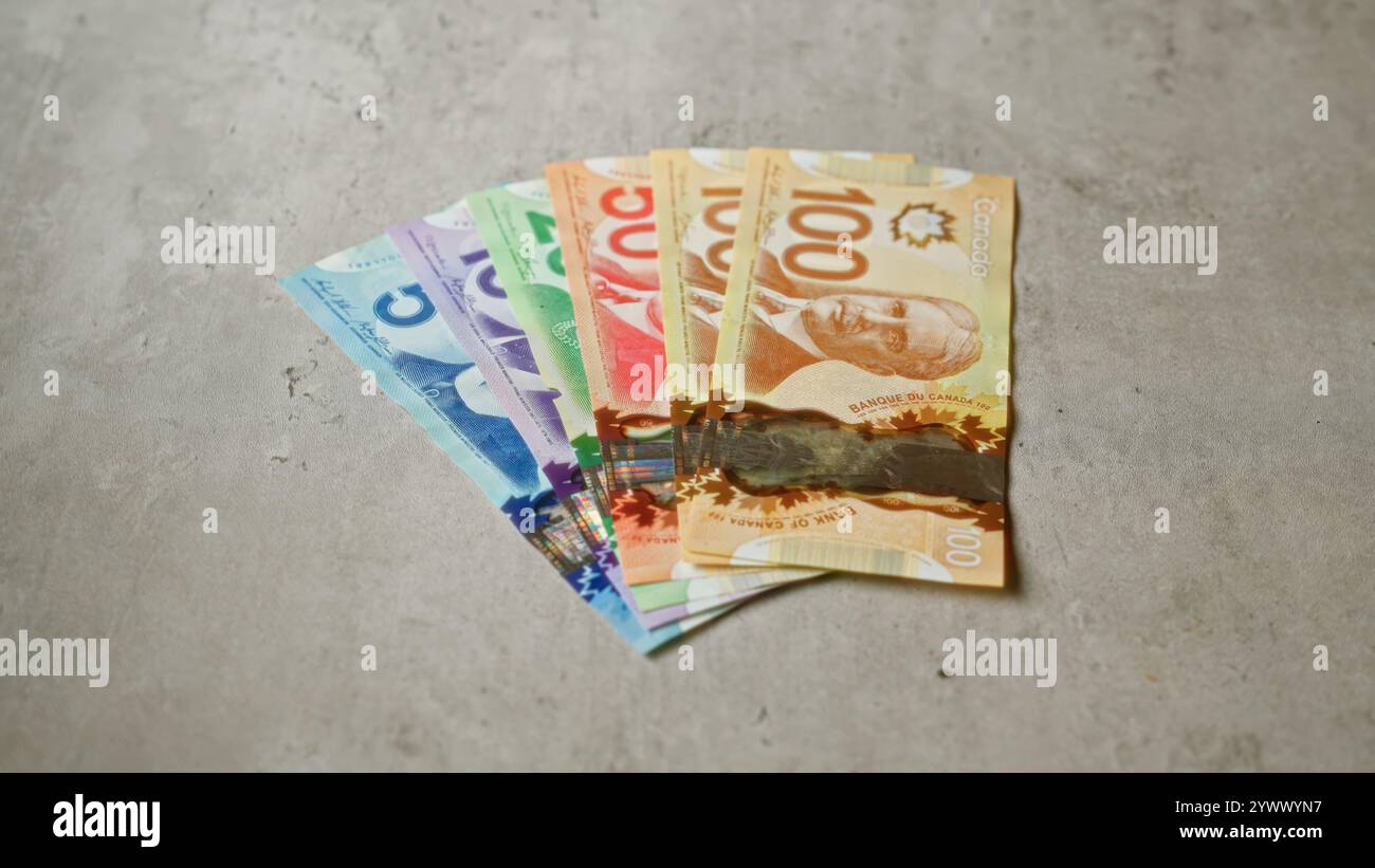 Canadian banknotes displayed on a concrete surface showcasing different ...