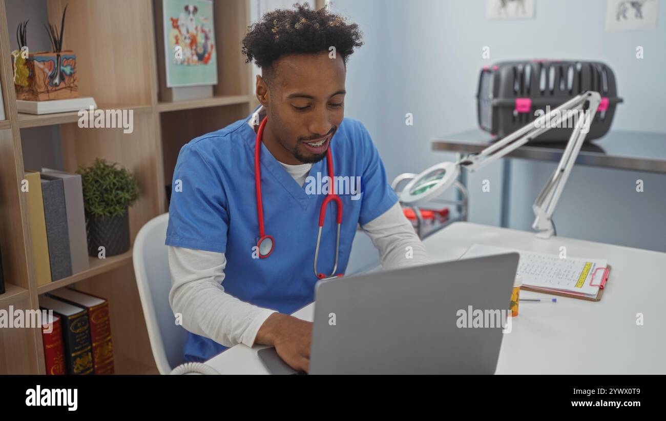 African american male veterinarian working in a clinic, wearing blue ...