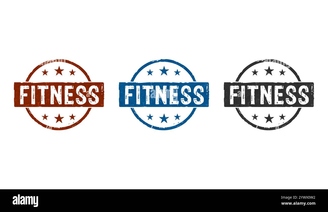 Fitness healthy life stamp icons in few color versions. Exercise ...