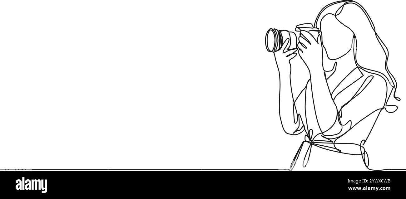 continuous line drawing of young woman taking pictures with DSLR, line ...
