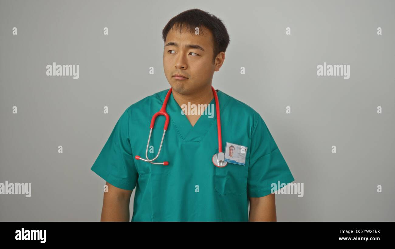Young chinese male doctor wearing green scrubs with a stethoscope ...