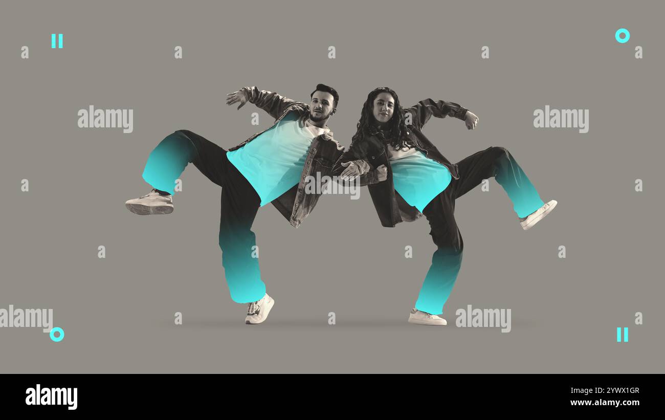 Contemporary art collage. Two dancers performing synchronized dynamic ...