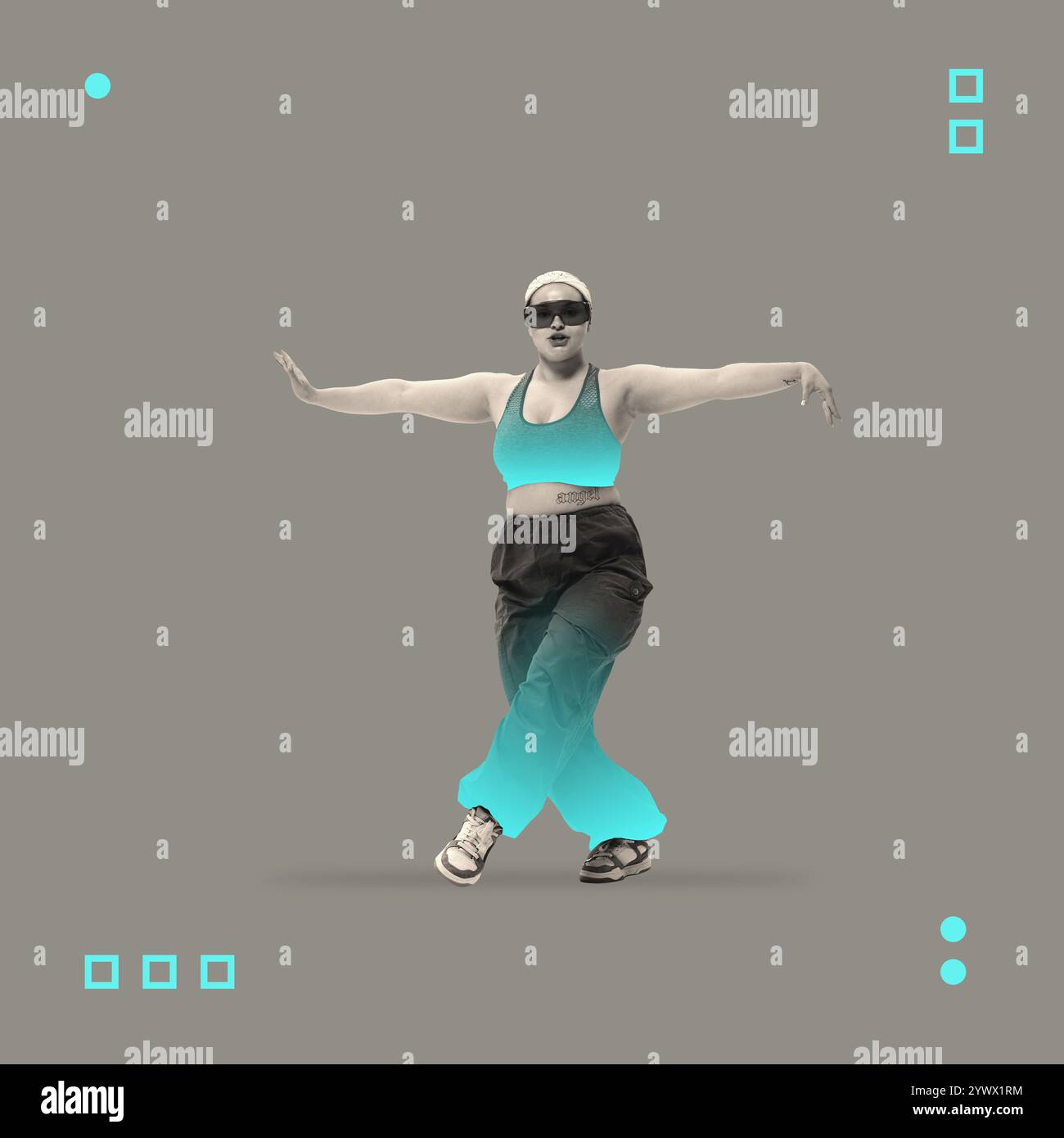 Contemporary art collage. Female dancer posing with blue gradient ...