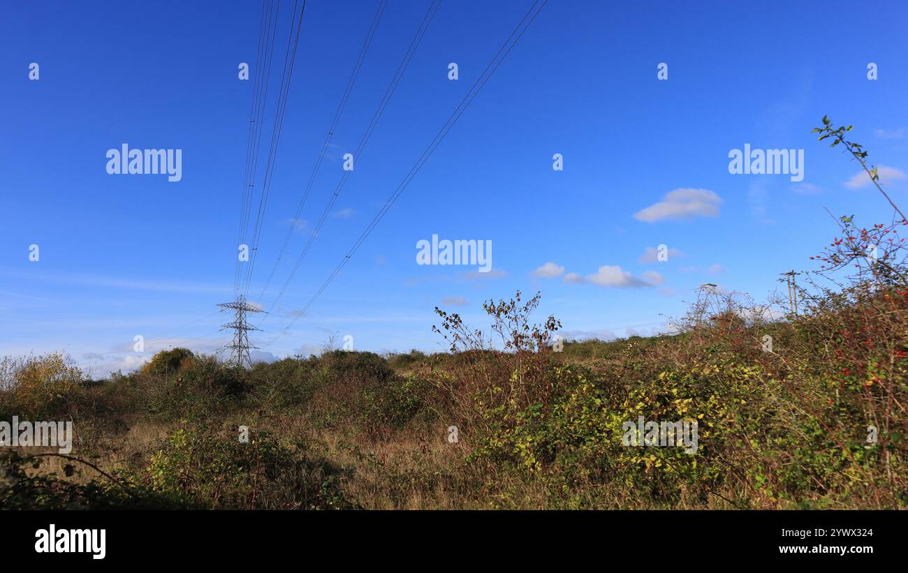 Wide angle view over rough ground of a distant electricity pylon with ...