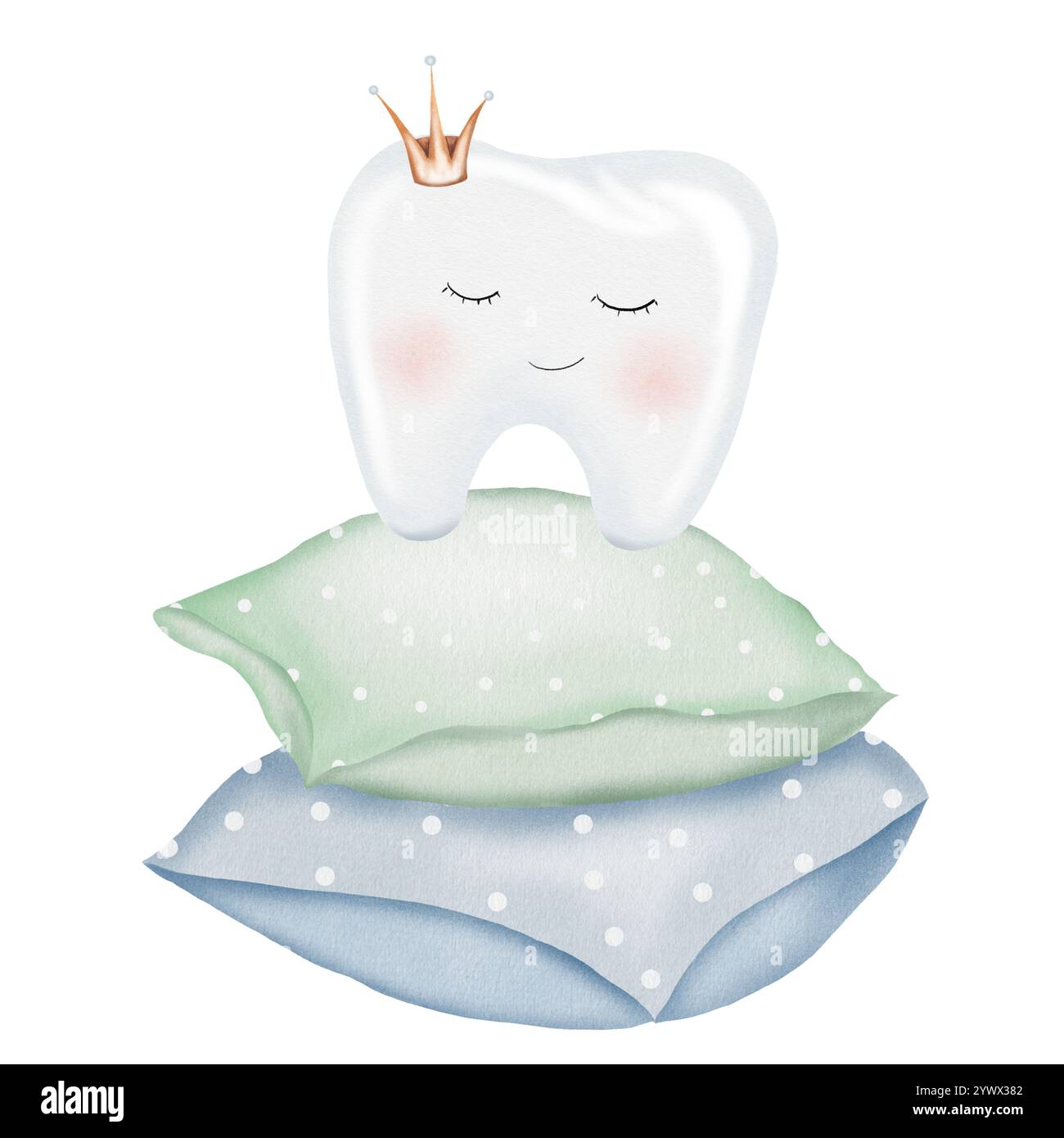 Baby tooth watercolor. Cute cartoon molar with crown on the pillow on ...