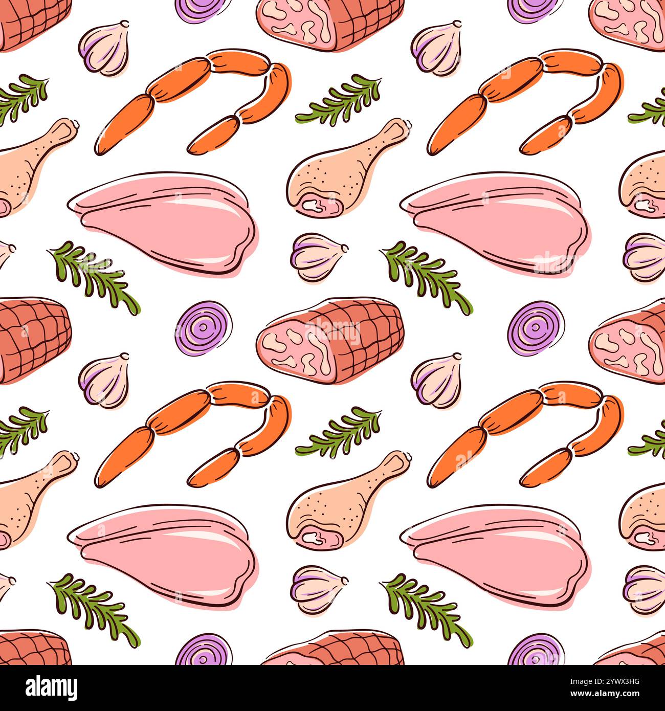 Seamless pattern of different meat cut chicken, sausage and ham in flat ...