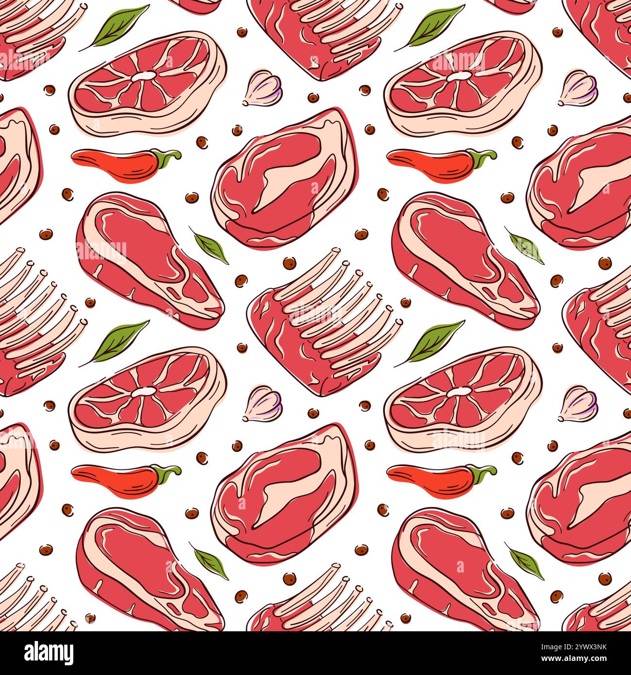 Seamless pattern with different meat cut steak, rib and chop in a flat ...