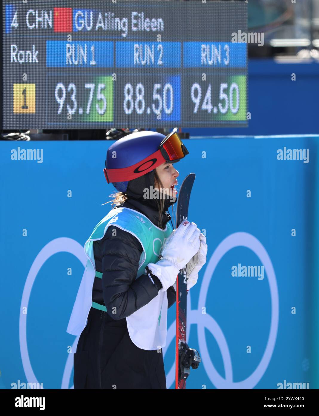 FEB 7, 2022 - Beijing, China: Eileen Gu of China reacts to landing her ...