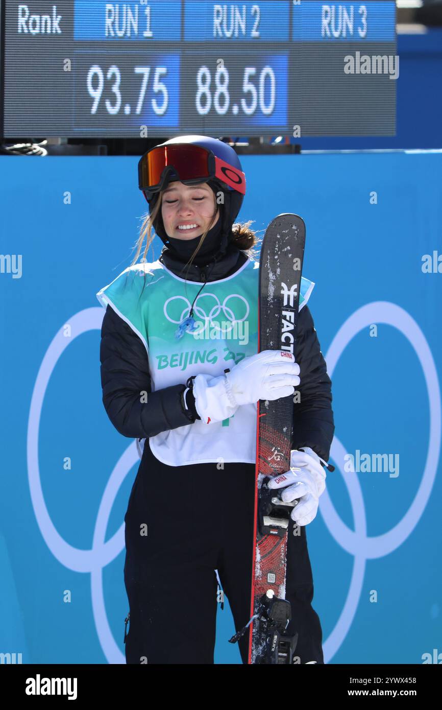 FEB 7, 2022 - Beijing, China: Eileen Gu of China reacts to landing her ...