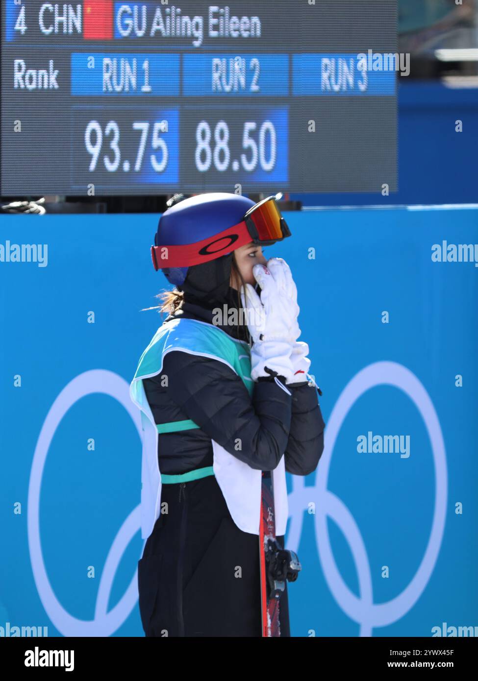 FEB 7, 2022 - Beijing, China: Eileen Gu of China reacts to landing her ...