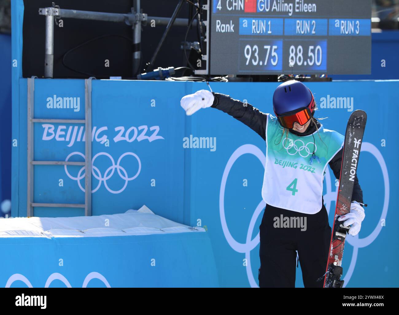 FEB 7, 2022 - Beijing, China: Eileen Gu of China reacts to landing her ...