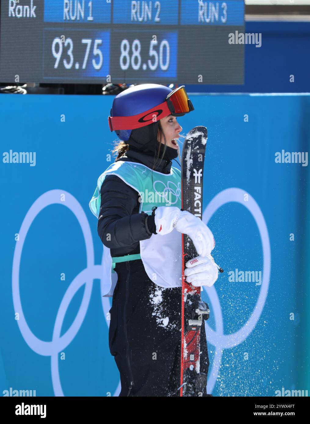 FEB 7, 2022 - Beijing, China: Eileen Gu of China reacts to landing her ...