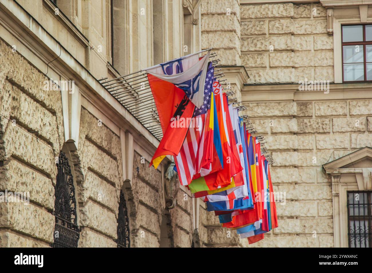 Vienna, Austria - May 12, 2019: View of countries flags in on raw ...