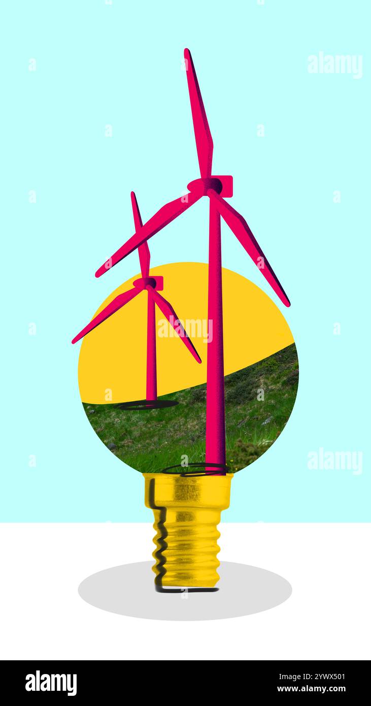 Pink wind turbines enclosed in yellow lightbulb with grassy background ...