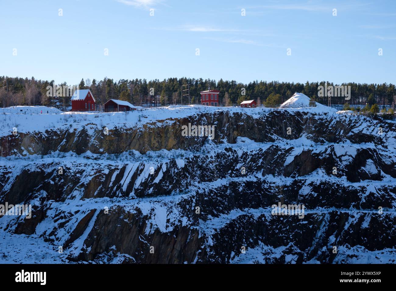 Snow blankets the historic Falun Mine in Dalarna, Sweden, highlighting ...