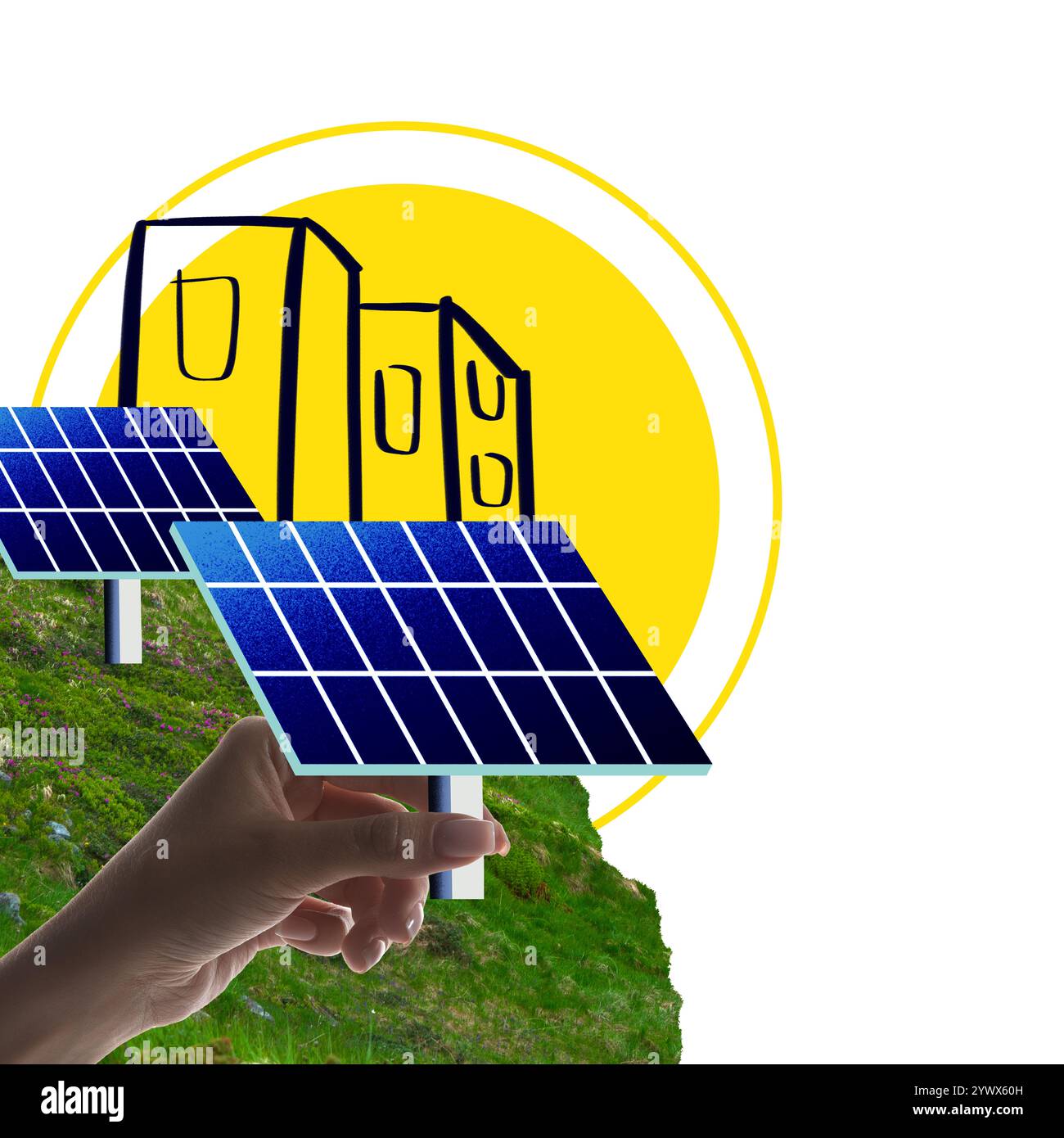 Hand presenting solar panels against green hills and urban drawings ...