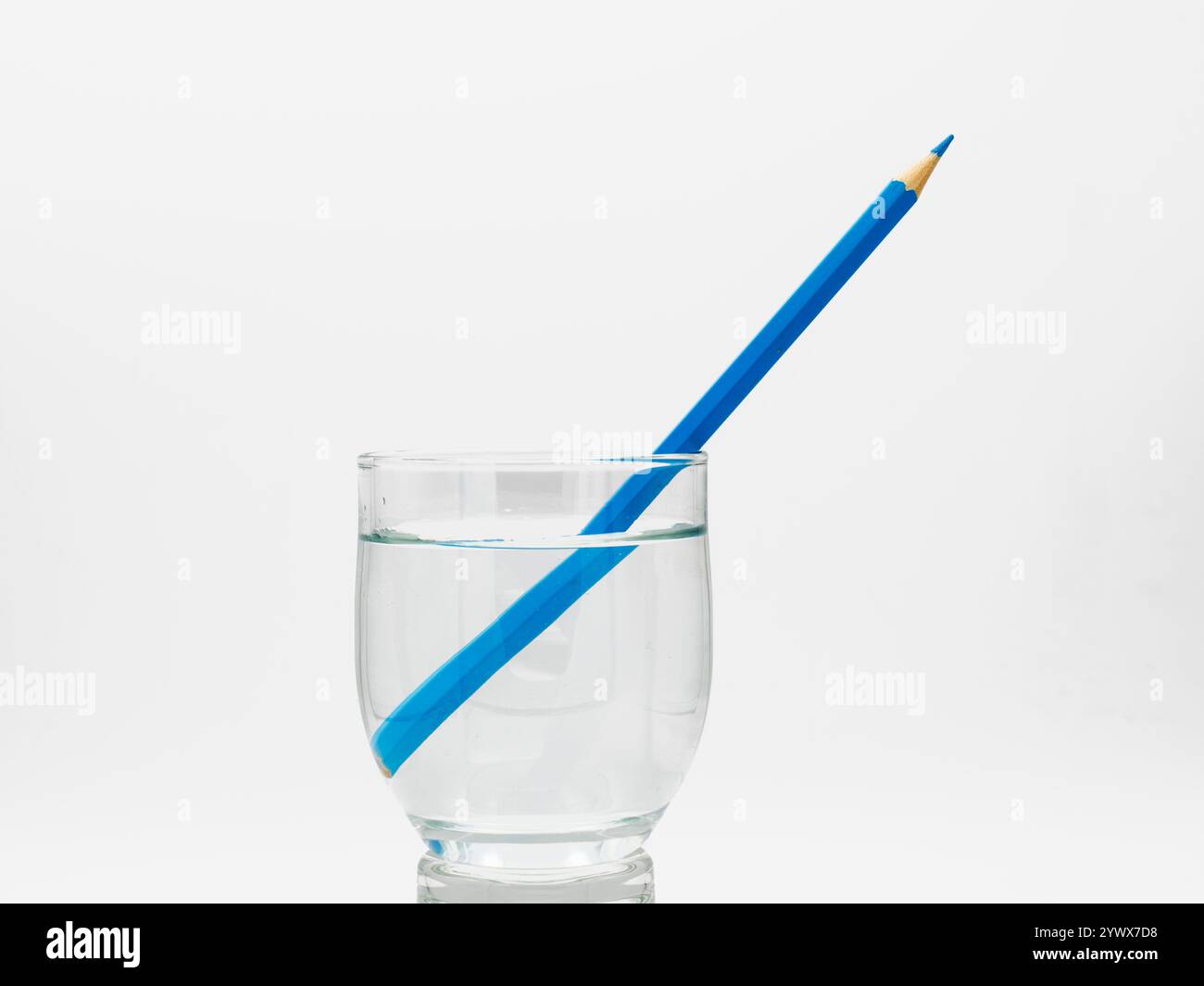 Refracción de la luz, demostrada en un vaso lleno de agua con lápices ...