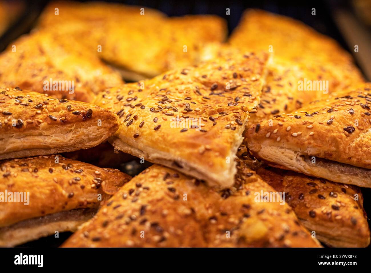 hot delicious buns with greens on the counter in the bakery. Healthy ...