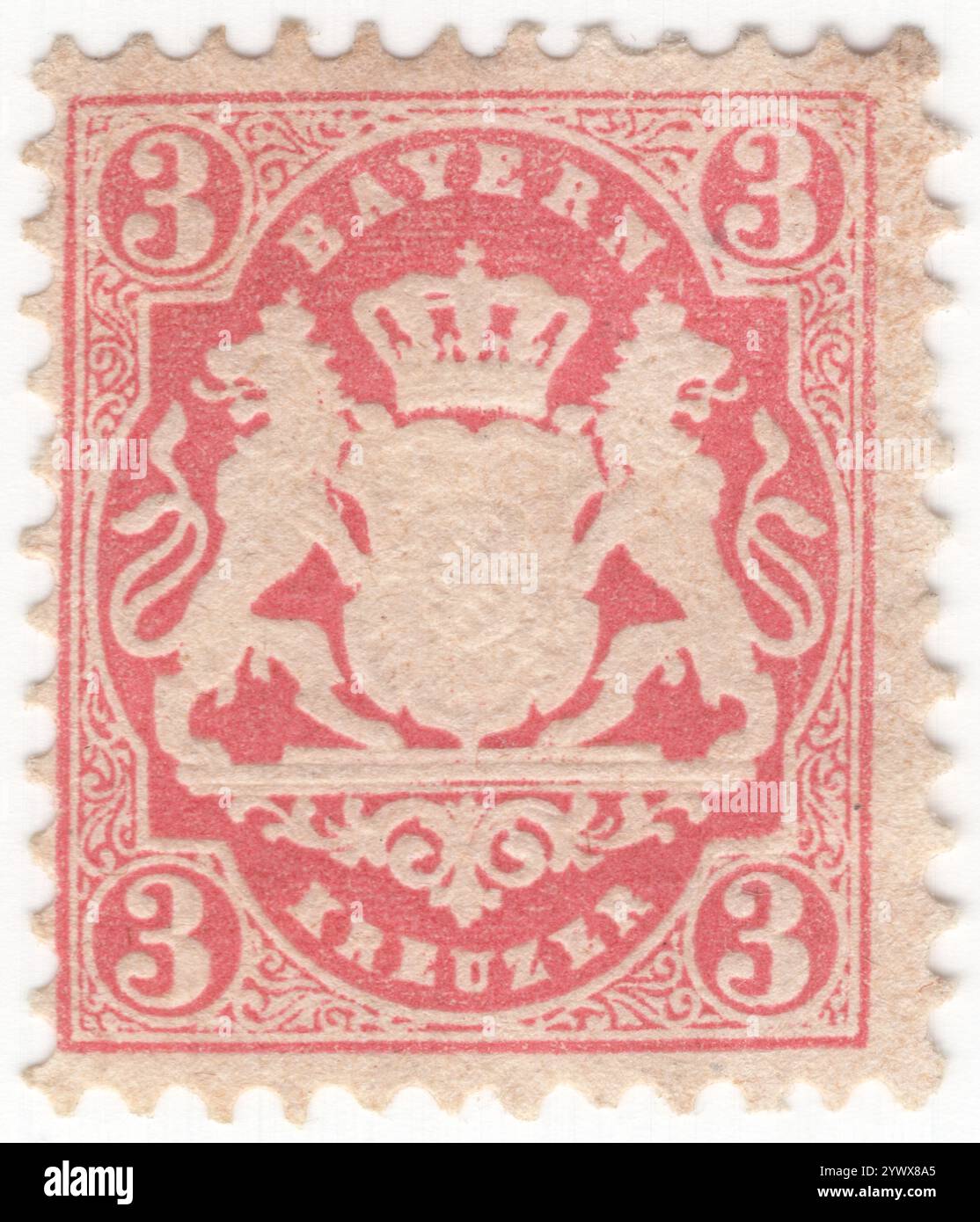 BAVARIA — 1870 July 1: 3 kreuzer rose postage stamp depicting Embossed ...