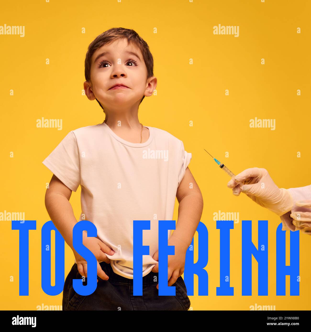 Boy preparing to receive pertussis vaccine. Conceptual design. Spanish ...