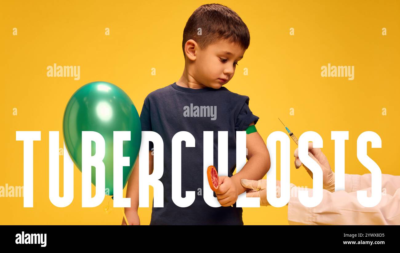 Curious boy, child holding balloon while receiving tuberculosis vaccine ...
