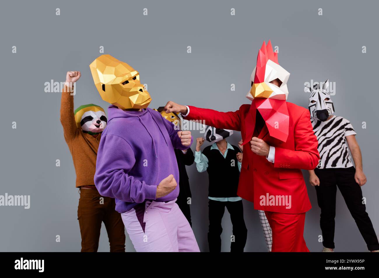 Portrait of zebra raccoon lion panda sloth mask people watch gorilla ...