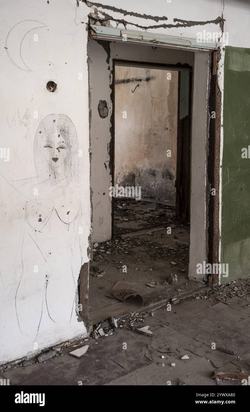 Abandoned, destroyed room in a residential building, Soviet apartment ...