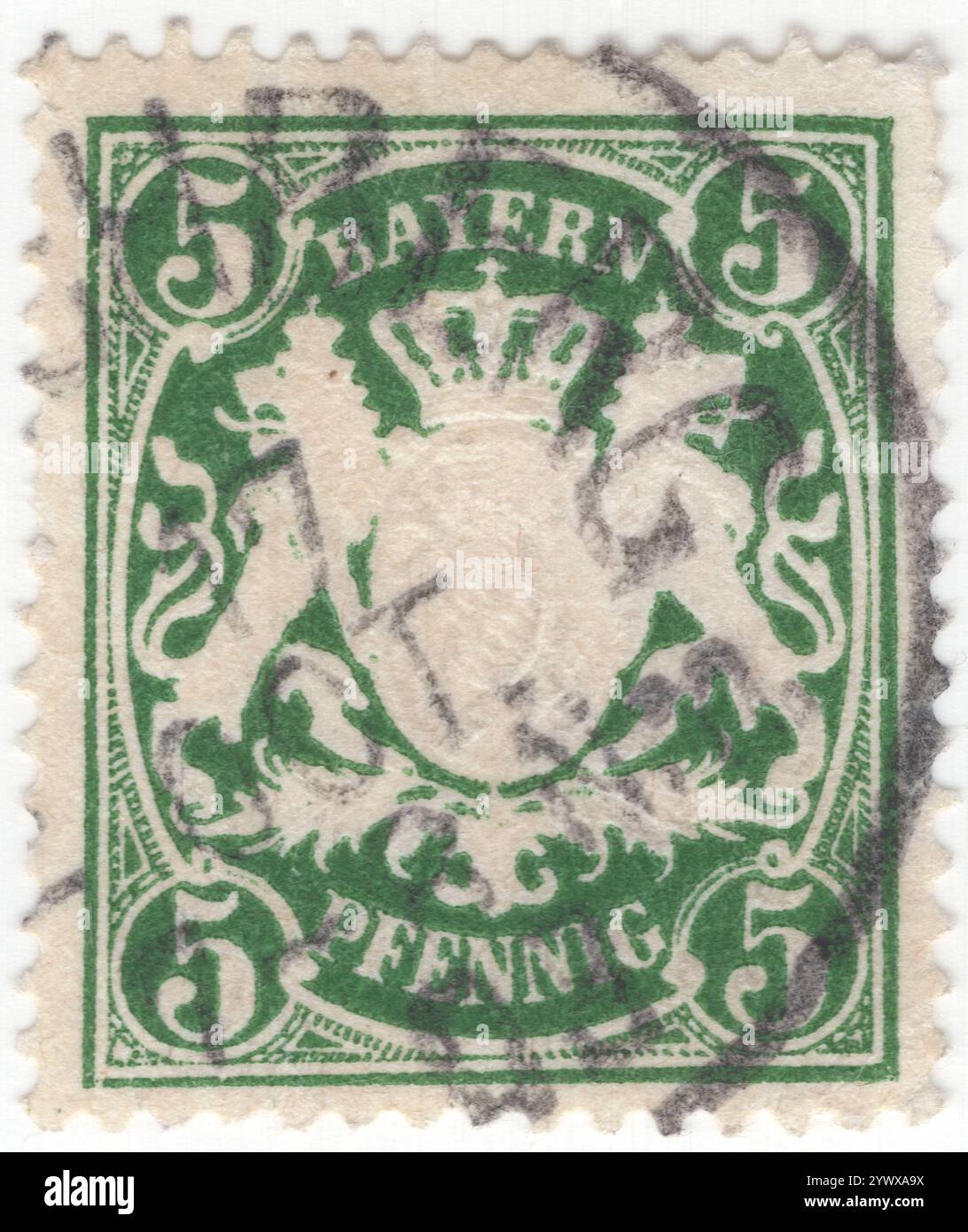 BAVARIA — 1890 January 01: 5 pfennig dark green postage stamp depicting ...