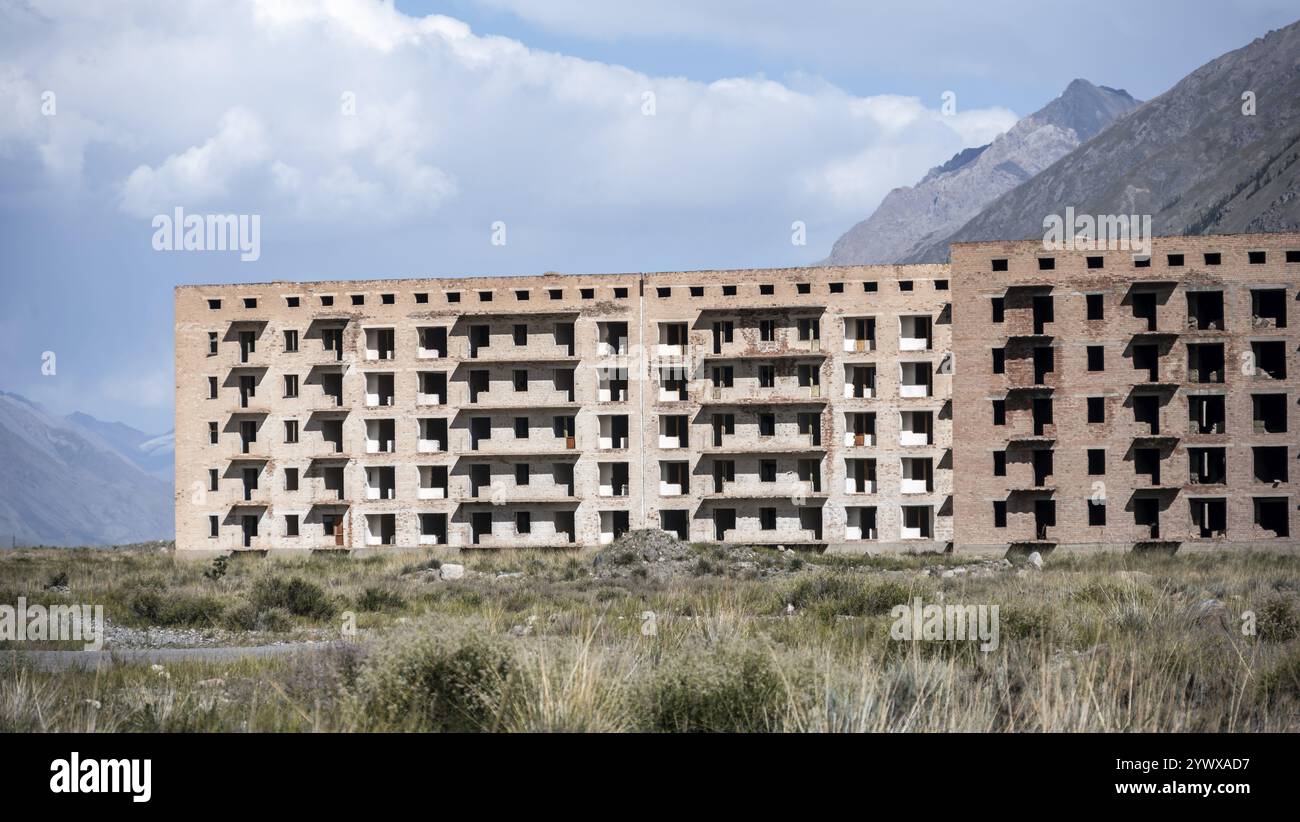 Panorama, Abandoned destroyed buildings in mountain landscape, Soviet ...
