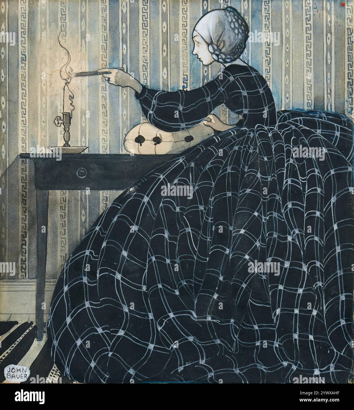 Art by swedish artist John Bauer (1882–1918). Flicka lackar julklapp ...