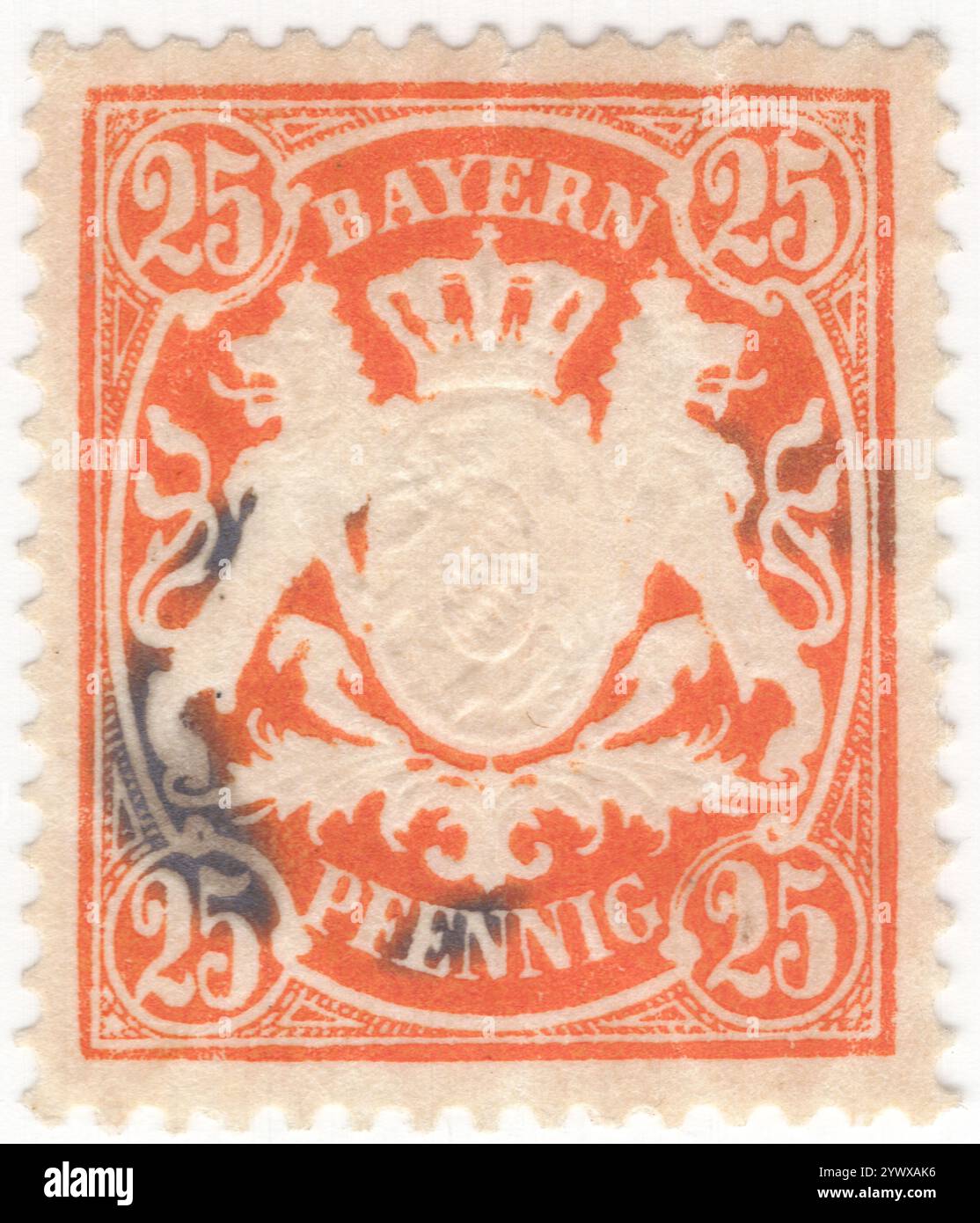 BAVARIA — 1890 January 01: 25 pfennig orange postage stamp depicting ...