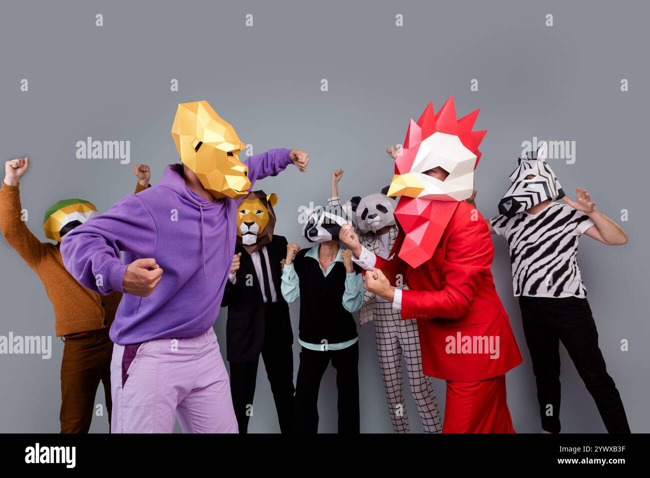 Portrait of zebra raccoon lion panda sloth mask people crowd gorilla ...