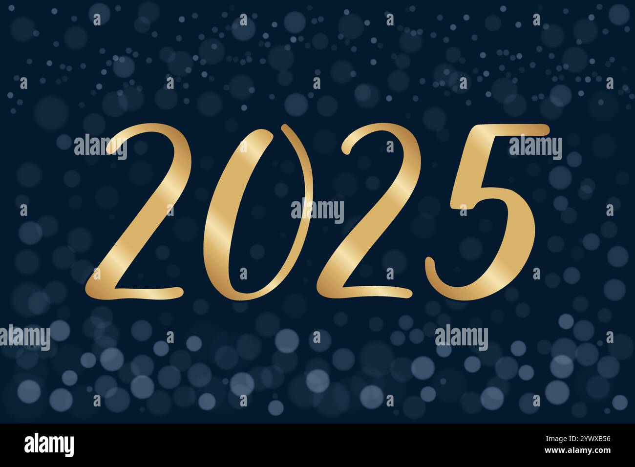 Large gold handwritten numbers 2025. Happy New Year card. On dark blue background with bokeh ...