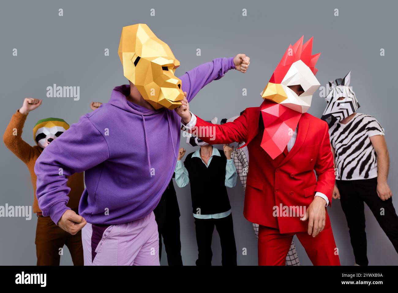 Portrait of zebra raccoon lion panda sloth mask people gorilla rooster ...