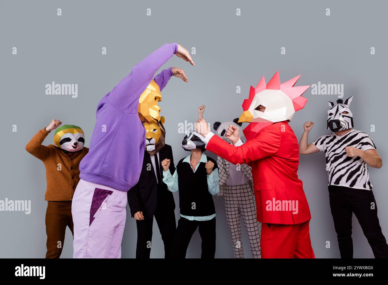 Portrait of zebra raccoon lion panda sloth mask people watch gorilla ...