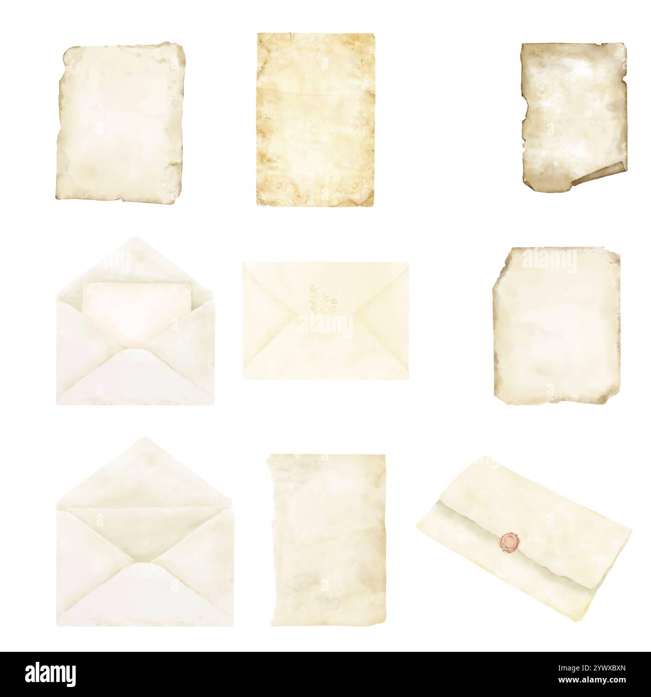 Paper sheets and envelopes in a set. Watercolor digital illustration ...