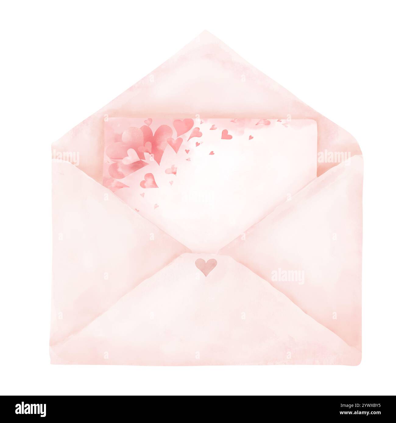 Pink envelope with white paper decorated with valentines. Watercolor ...