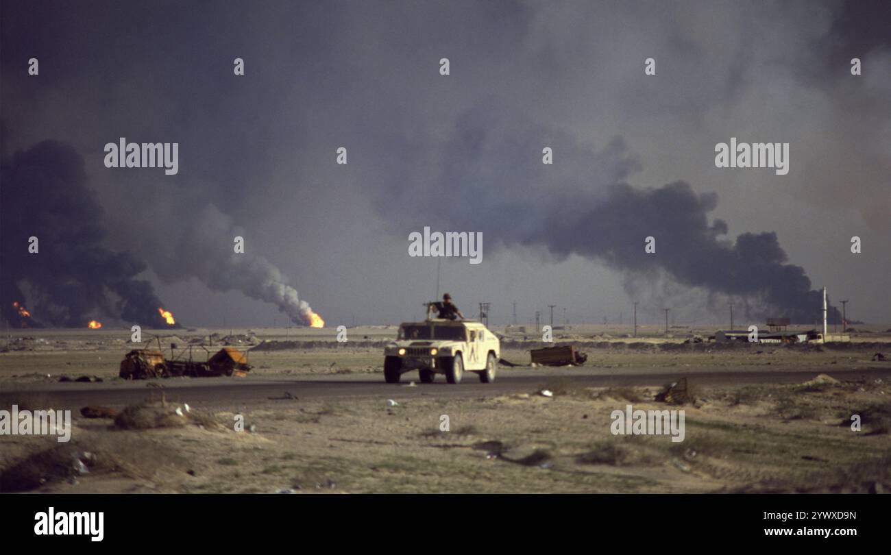 First Gulf War: 17th March 1991 A U.S. Army Humvee passes a backdrop of ...