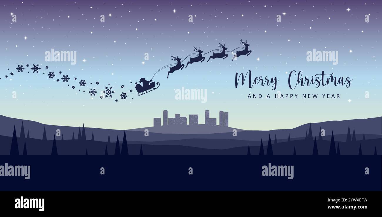 christmas banner santa claus in a sleigh with reindeer in the city ...