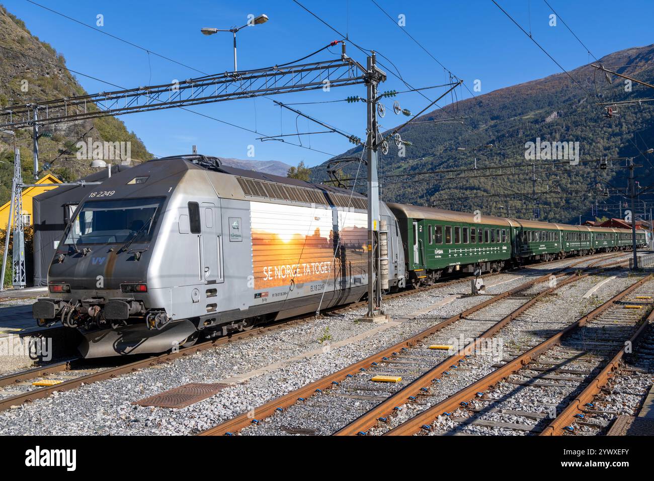 Flam railway train and carriages at the station in Flam village awaiting departure to Myrdal ...