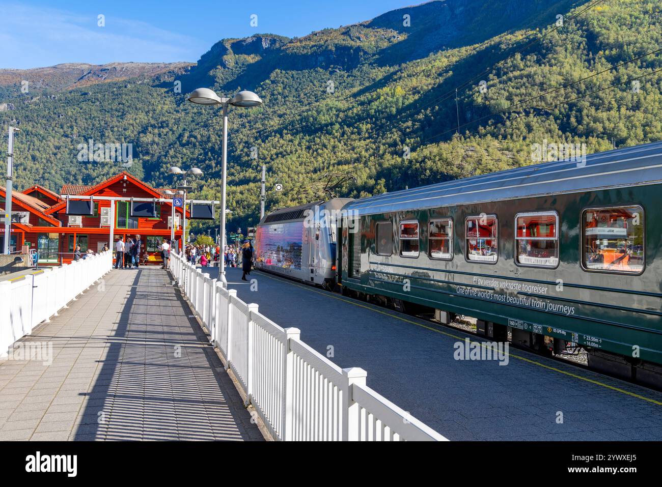 Flam village railway station with the Flam railway train preparing to depart for its journey to ...