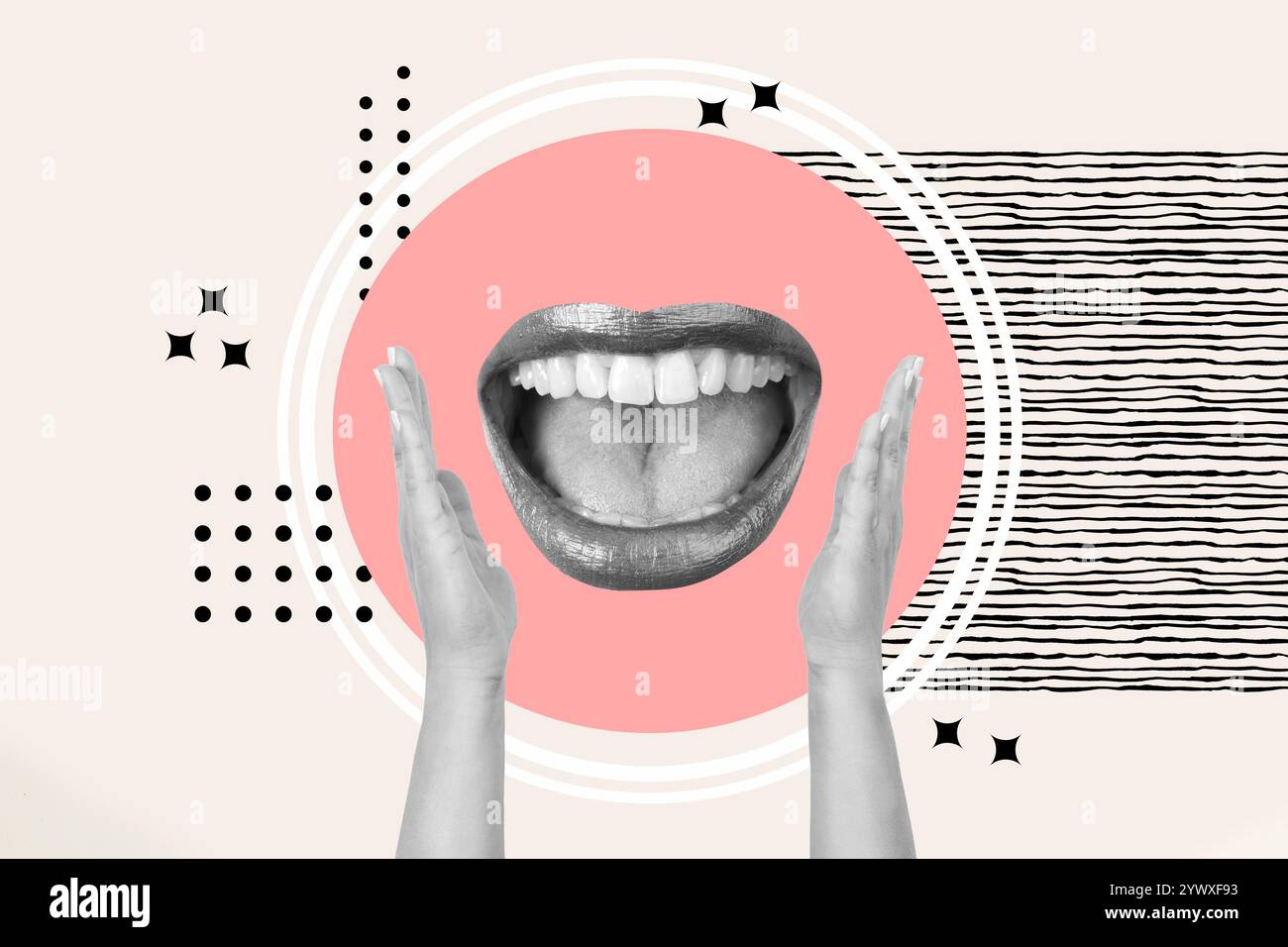 Woman hand surrounding a woman open mouth with on a pink circle on a ...