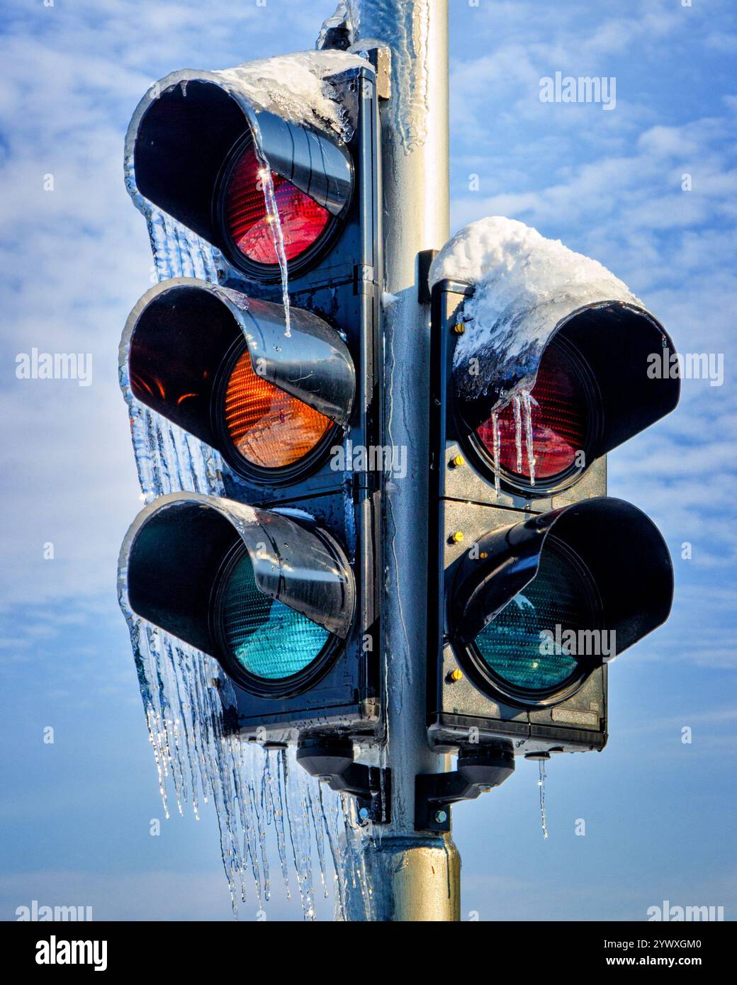 Frozen Traffic Light Covered in Ice During Winter Storm on a Snowy Day ...