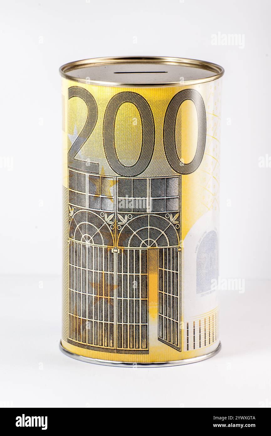 Metal box for saving money. Designed like 200 euros and on white ...