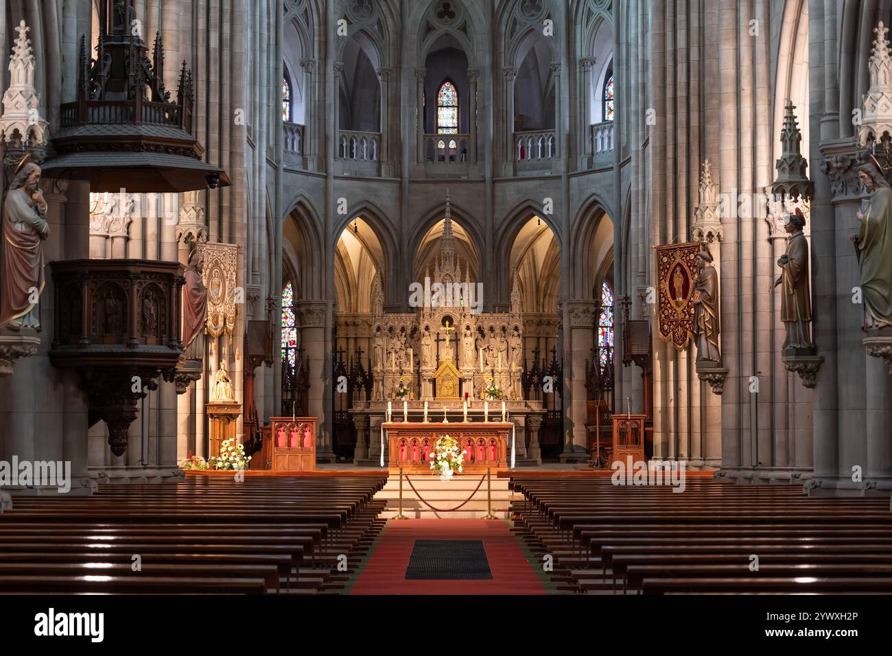 Eglise Saint Etienne church interior with high altar, Gothic Revival ...