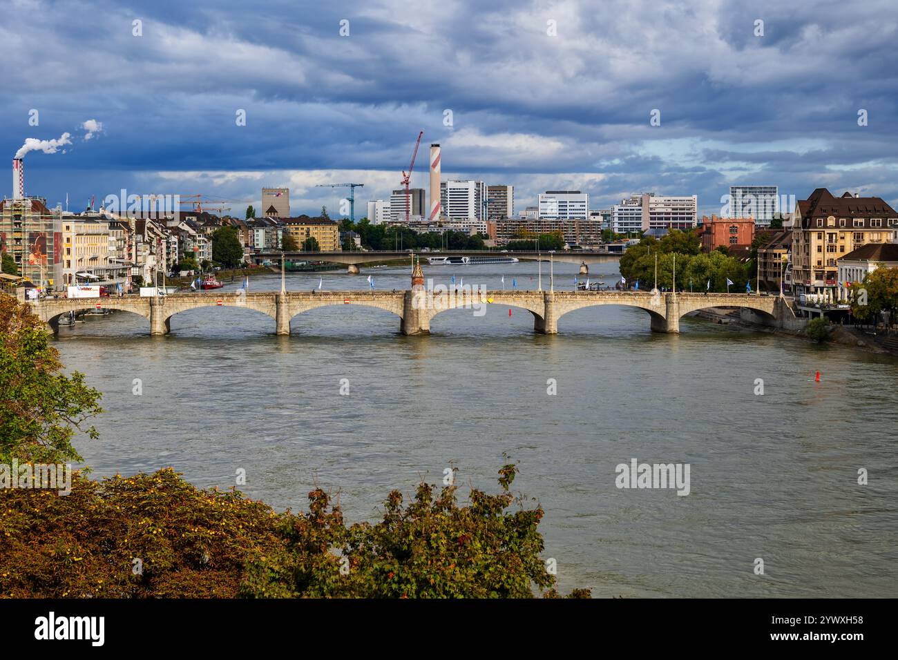 City of Basel in Switzerland, Middle Bridge (Mittlere Brucke) across ...
