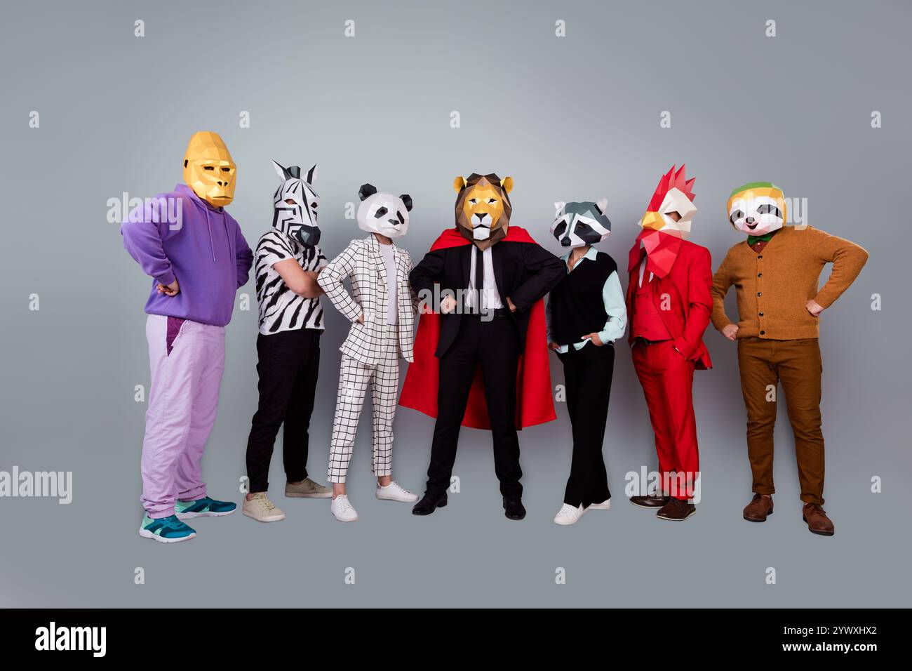 Full body portrait of zebra gorilla raccoon lion panda sloth rooster ...