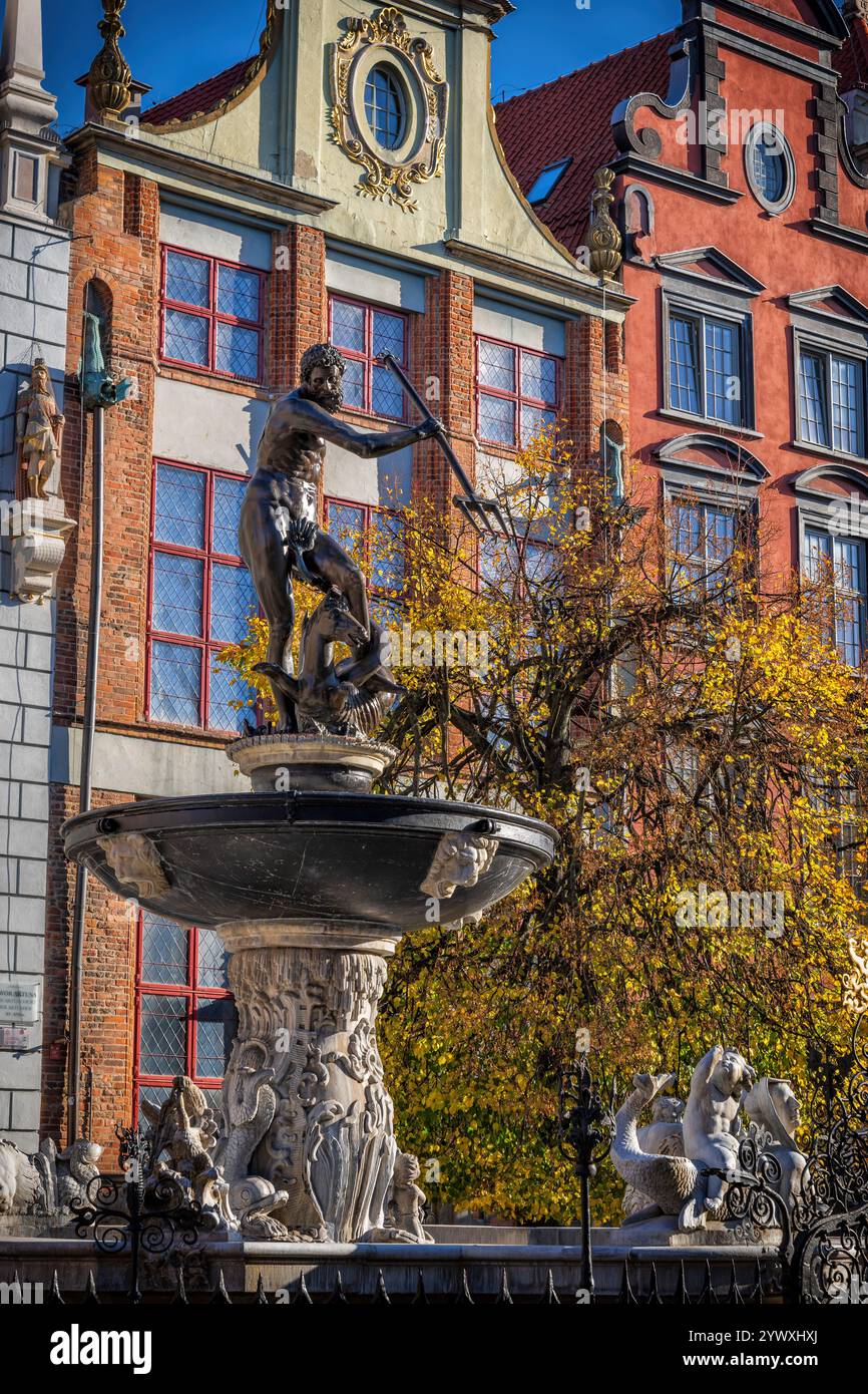The Neptune Fountain and statue in city of Gdansk in Poland. God of the ...