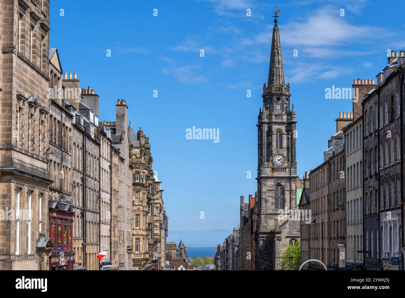 High Street buildings in the Royal Mile with Tron Kirk tower in city of ...
