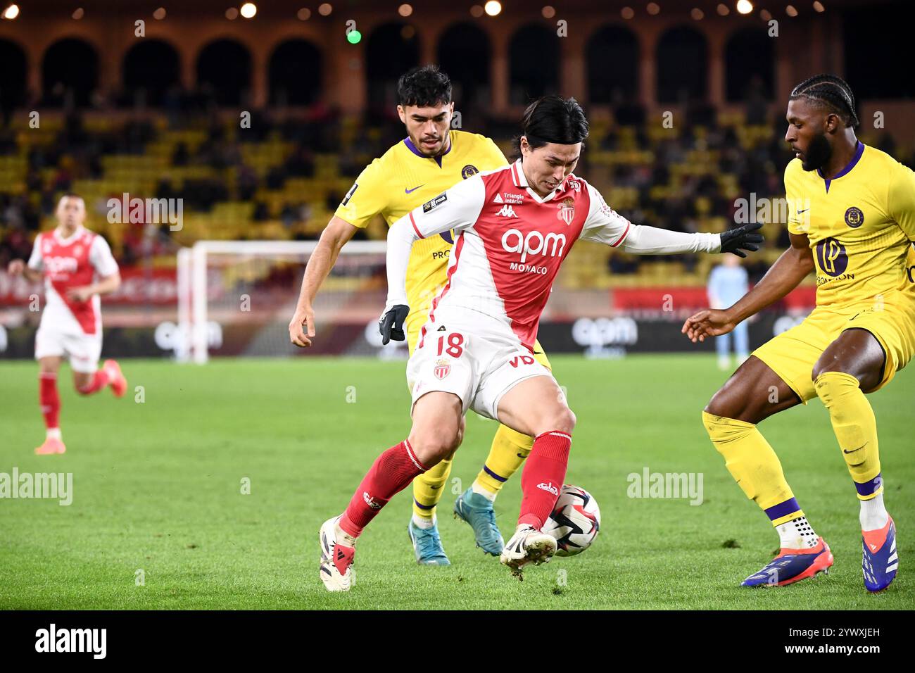 17 Gabriel SUAZO (tfc) - 18 Takumi MINAMINO (asm) - 03 Mark McKenzie (tfc) during the Ligue 1 ...